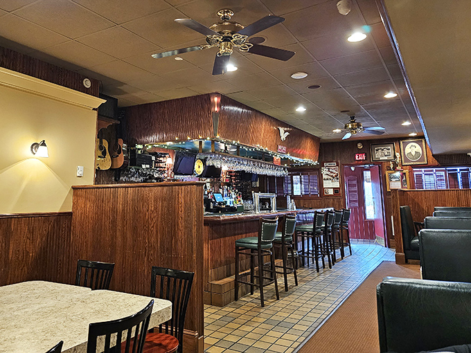 Wood paneling, ceiling fans, and comfortable booths—the dining room feels like Sunday dinner at your Italian grandmother's house, even if you don't have one.