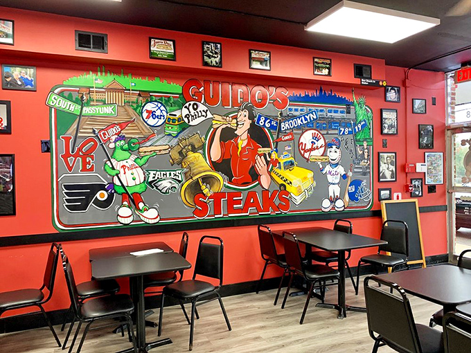 The colorful mural celebrates Philly sports culture alongside sandwich supremacy. It's like eating inside a love letter to the city.