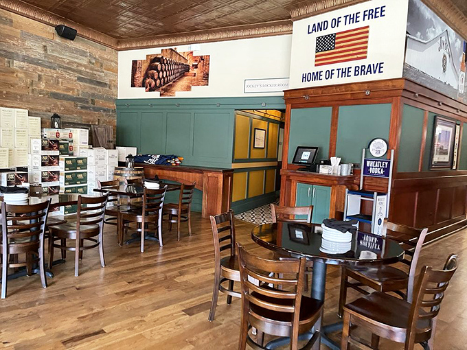 American flags and warm wood tones create that rare atmosphere where both your Republican uncle and Democratic cousin can agree on one thing: the food is fantastic.