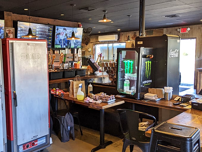 The drink station features that giant gear wheel—a reminder that good barbecue, like good machinery, requires precision, patience, and regular maintenance.