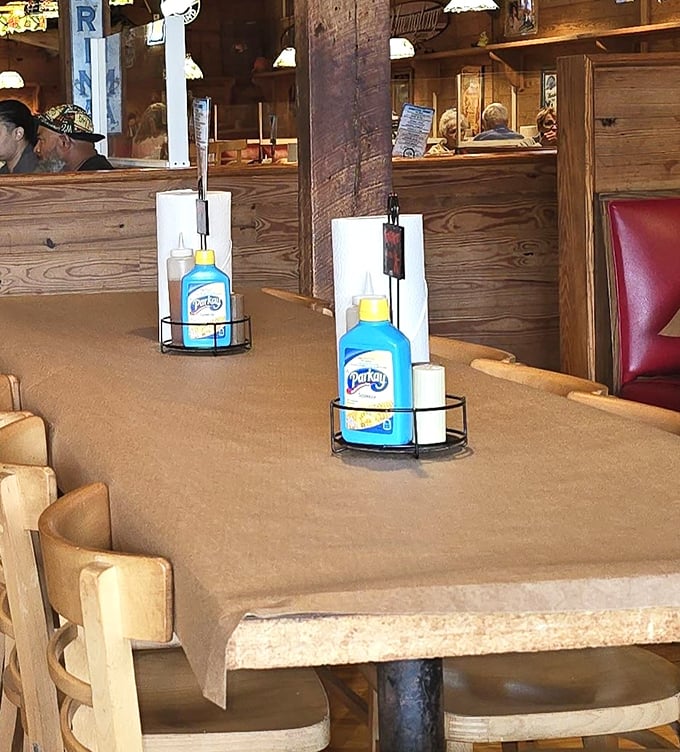 Paper-covered tables and condiment caddies—the universal signal that you're about to enjoy food too good for fancy plates.