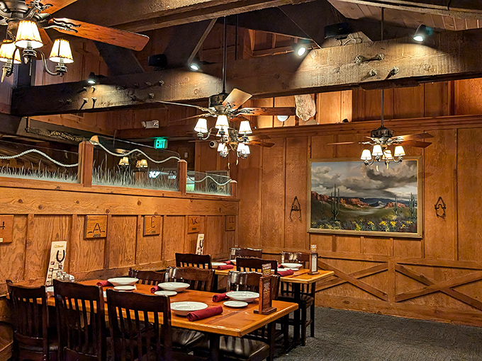 Wood-paneled warmth that whispers, "Stay awhile." This dining room has hosted countless celebrations, proposals, and food comas.