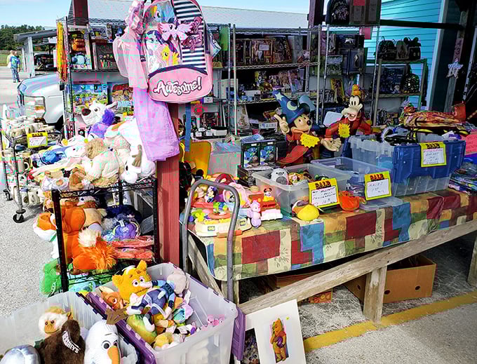 Stuffed animals and cartoon characters create a colorful nostalgia trap that has adults saying, "I had that when I was a kid!"