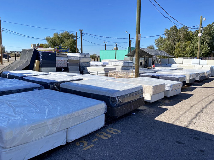 Mattresses lined up like dominos in the desert sun. Who knew sweet dreams could be found at a swap meet?