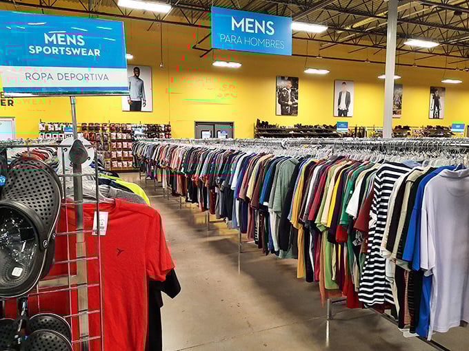Men's department: where Hawaiian shirts that witnessed one man's midlife crisis await their next adventure. Wardrobe reinvention without the sticker shock.