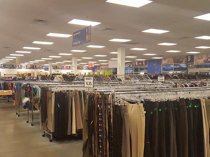 The men's department stretches toward the horizon—a sea of potential wardrobe upgrades where designer labels hide among everyday offerings.