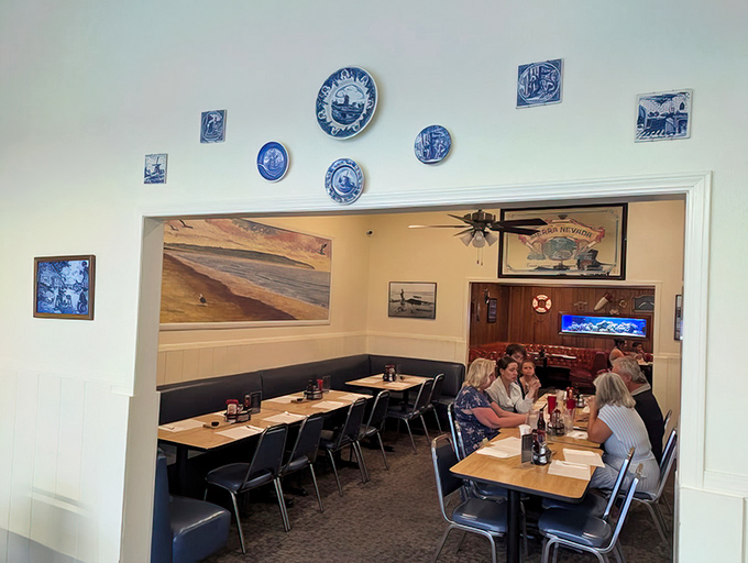 Maritime murals transport diners to Dutch fishing villages while they feast on Pacific Coast perfection.