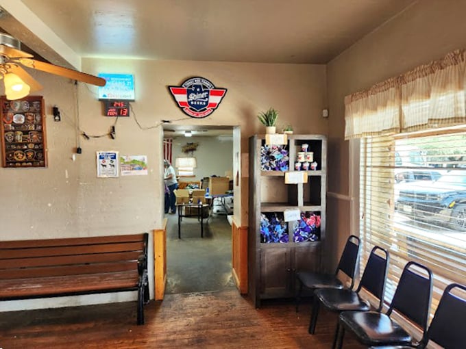 The waiting area speaks volumes – simple benches where hungry pilgrims gather before embarking on their chicken fried steak journey. 