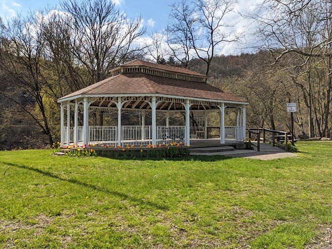This pristine gazebo could be the set of a Hallmark movie—or your next family gathering spot for those "remember when" conversations.
