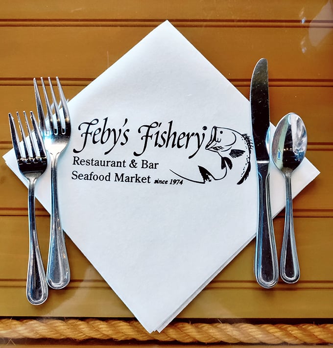 Even the place settings at Feby's tell a story—the promise of seafood excellence since 1974 awaits with every perfectly positioned fork.