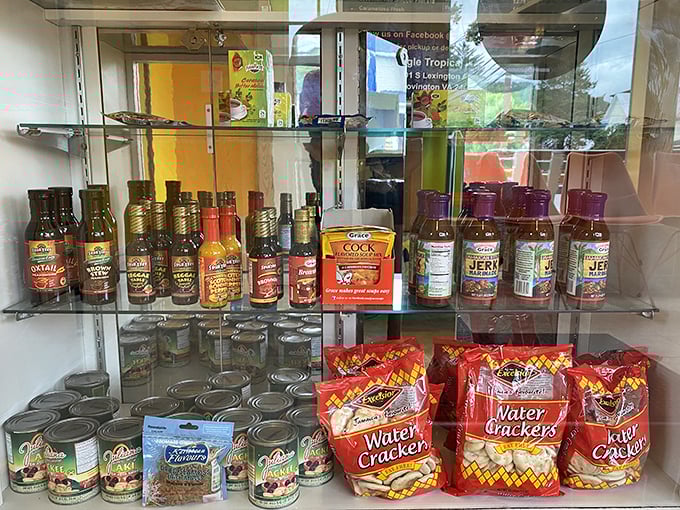 A glimpse of Caribbean pantry essentials available for purchase. Take home the flavors and pretend you're the culinary genius behind them.
