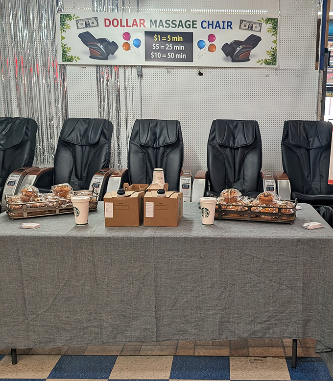 The dollar massage chairs—where shopping fatigue meets affordable relief. Five minutes of mechanical kneading and you're ready for round two of bargain hunting.