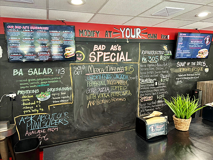 The chalkboard specials – where sandwich innovation happens daily. "Modify at your own risk" isn't a warning; it's a dare.