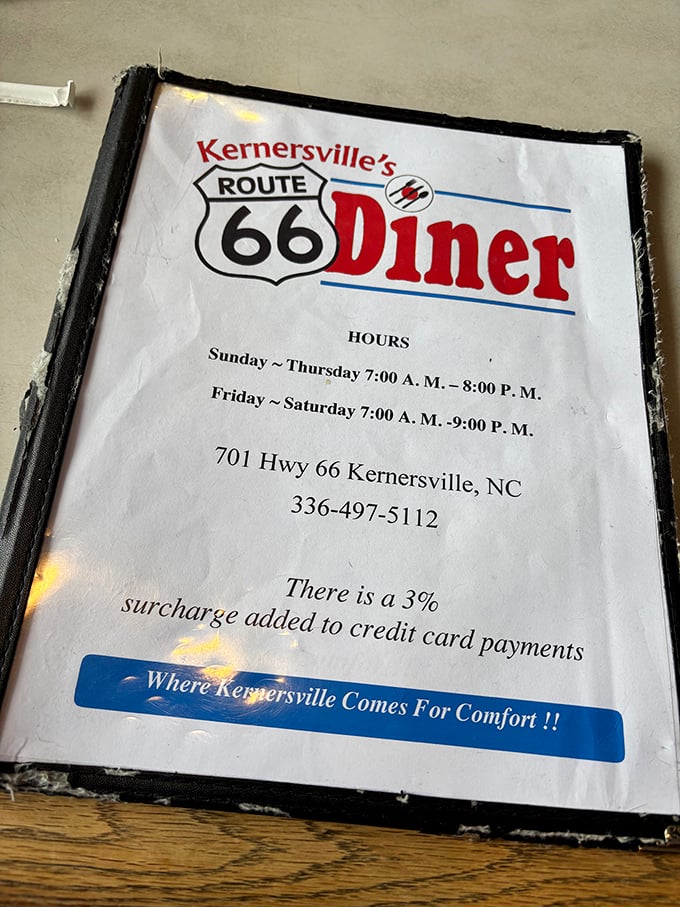 The well-worn menu cover tells you everything – "Where Kernersville Comes For Comfort!!" isn't just a slogan, it's a promise.