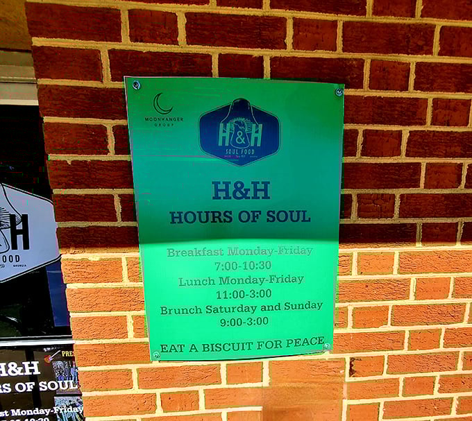 "Hours of Soul" isn't just clever marketing—it's truth in advertising at this Macon institution where biscuits promote peace.