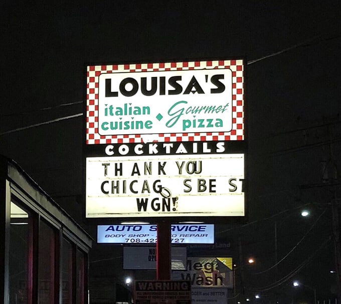 At night, the sign glows like a beacon of hope for the pizza-deprived. A thank you to Chicago media suggests this place has earned its reputation.