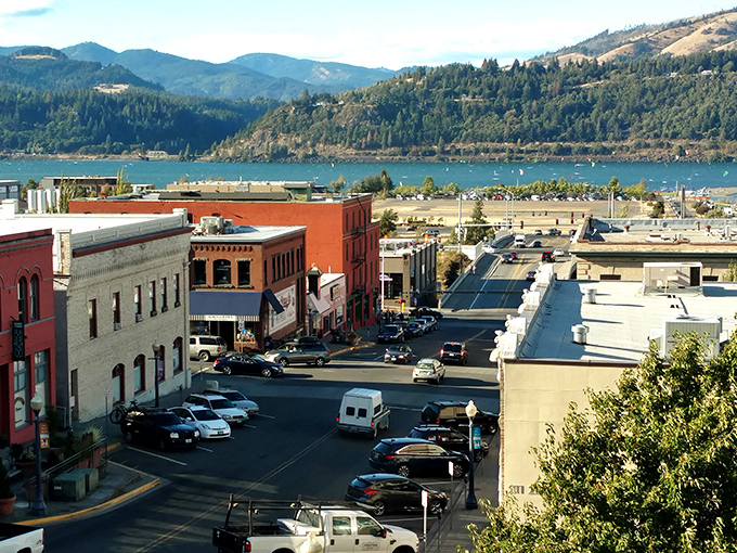 From this bird's-eye view, Hood River reveals its perfect positioning—nestled between mountains and river like nature's favorite bookmark.