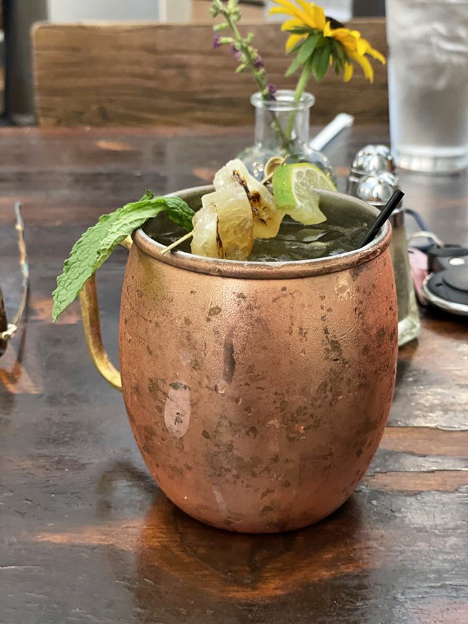 A Moscow Mule that dressed up for the occasion in its copper finest. That fresh mint is basically wearing a tuxedo.