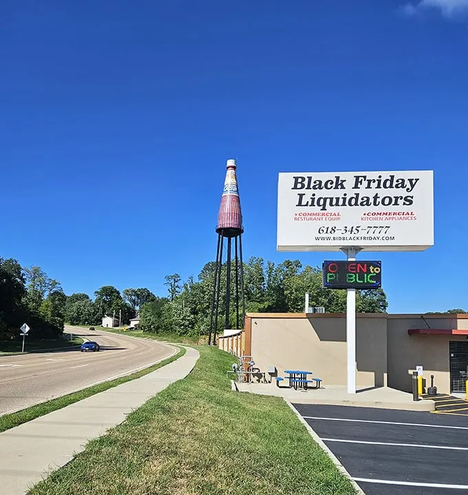 Roadside America at its finest—where else can a condiment container command such respect alongside commercial real estate signs?
