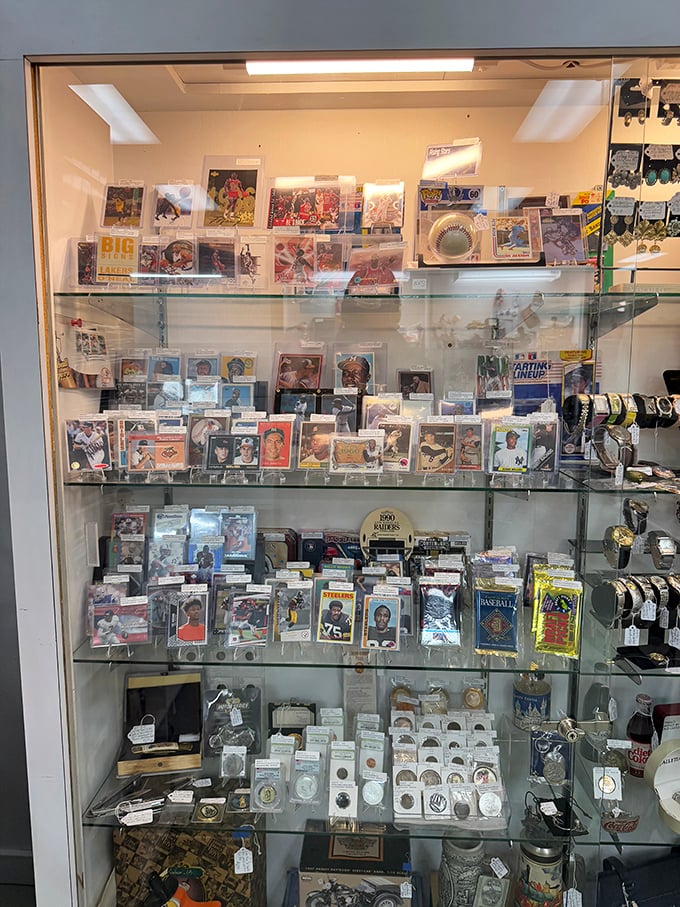 Sports memorabilia and trading cards behind glass – where grown men press their noses against the case just like they did as 10-year-olds at the corner store.