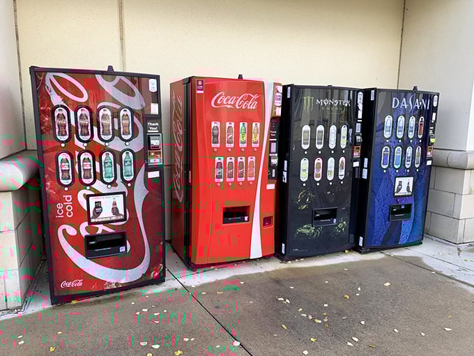 Vending machines standing at attention like hydration sentinels, ready to quench the thirst that inevitably comes from saying "just one more store."