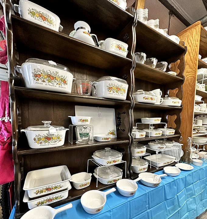 The holy grail for vintage kitchenware collectors—complete sets of floral CorningWare that grandmother would recognize instantly.