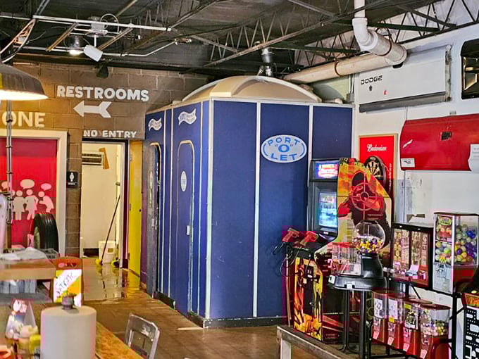 Even the path to the restrooms has personality. Those vintage-style doors are like time portals to when America's roadside diners ruled the highways.