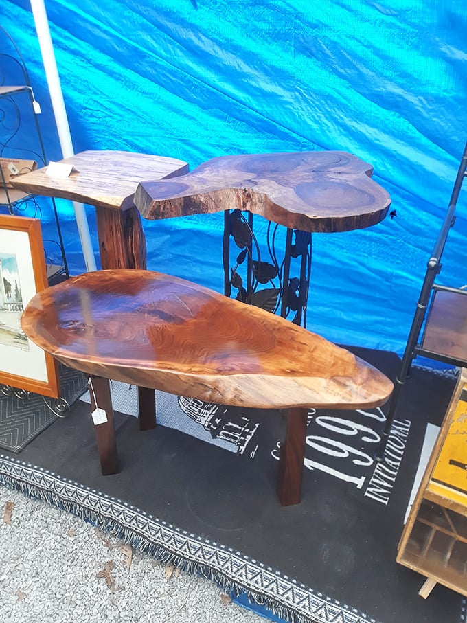 Nature's art meets human craftsmanship in these live-edge wood tables. Mid-century modern enthusiasts, try not to drool on the merchandise!