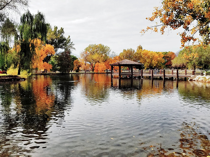 Bishop's park pond reflects fall colors like nature's own Instagram filter – no technology required for these perfect views.