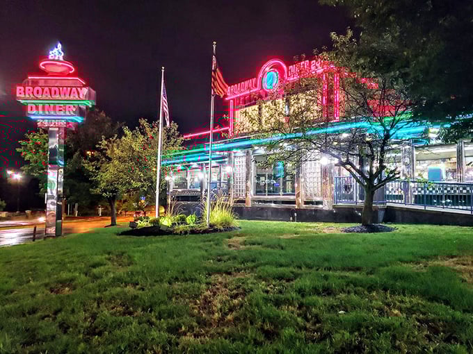 Broadway Diner's neon spectacular turns nighttime dining into a glowing celebration of American comfort food.