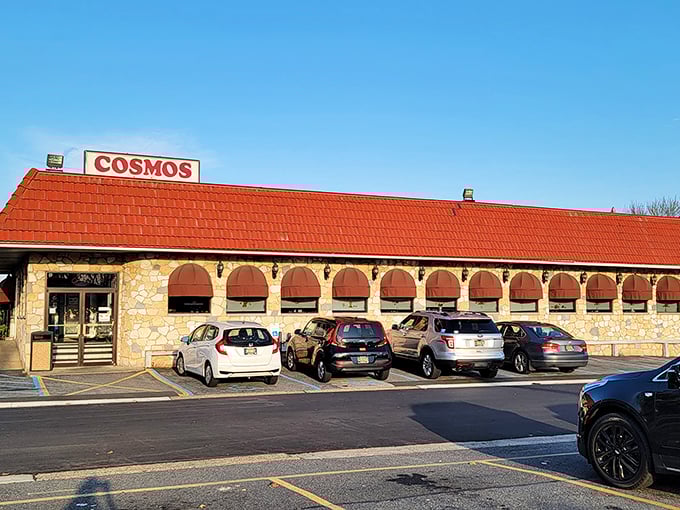 Stone walls and red roof—architectural choices that boldly announce: "Serious comfort food happens here!" And they're not wrong.