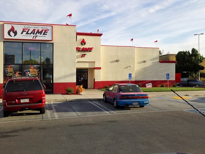 Flame It's bold red-and-white exterior makes a promise that their grills deliver on – burgers with that perfect backyard BBQ char.