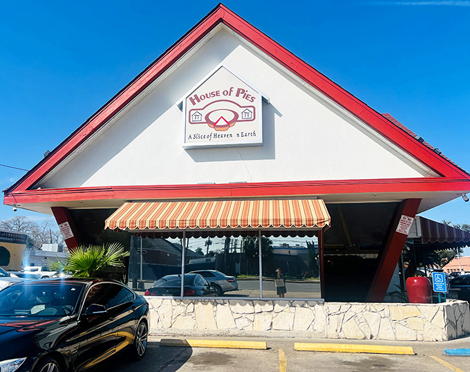 House of Pies' distinctive A-frame design with red accents promises retro vibes and breakfast that never disappoints.