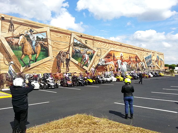 Lake Placid's murals bring history to life bigger than an IMAX screen. This cattle drive scene has more drama than my cousin's wedding—and better composed.