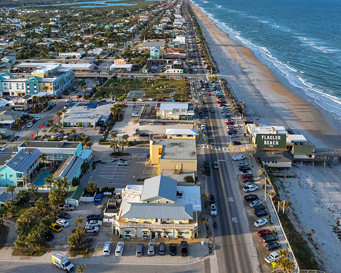 Flagler Beach's colorful coastal charm captured from above. Small-town beach living at its most authentic!