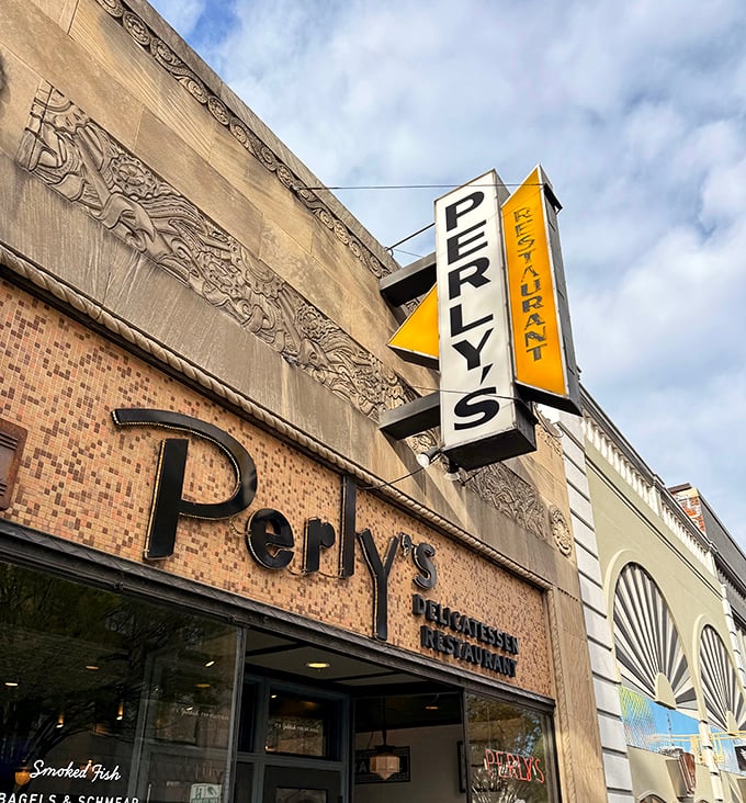 Perly's art deco facade and vintage sign bring old-school New York deli vibes to the heart of Richmond.