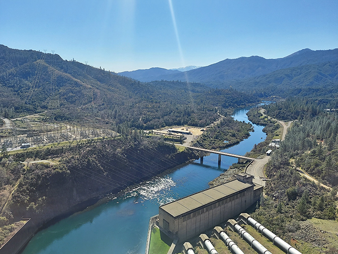 Shasta Lake's blue waters contrast with forested shores – a playground for boaters and nature lovers alike.
