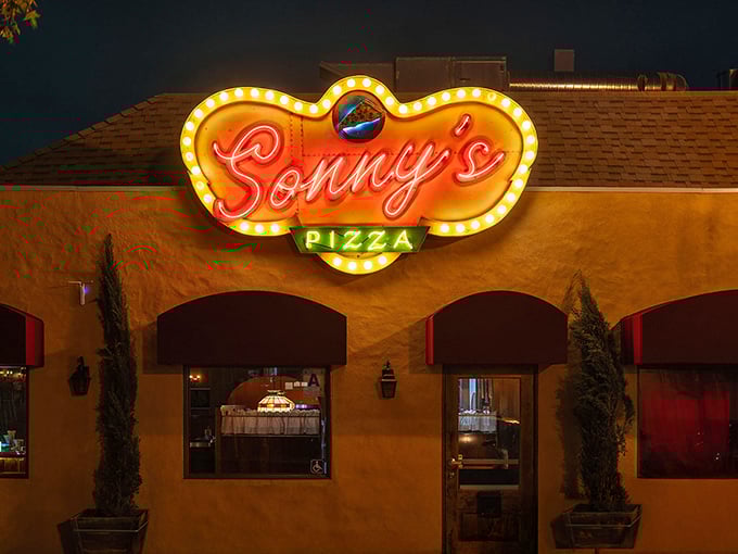 Sonny's neon sign glows like a warm welcome in the night. Their Neapolitan pies would make any Italian nonna proud.