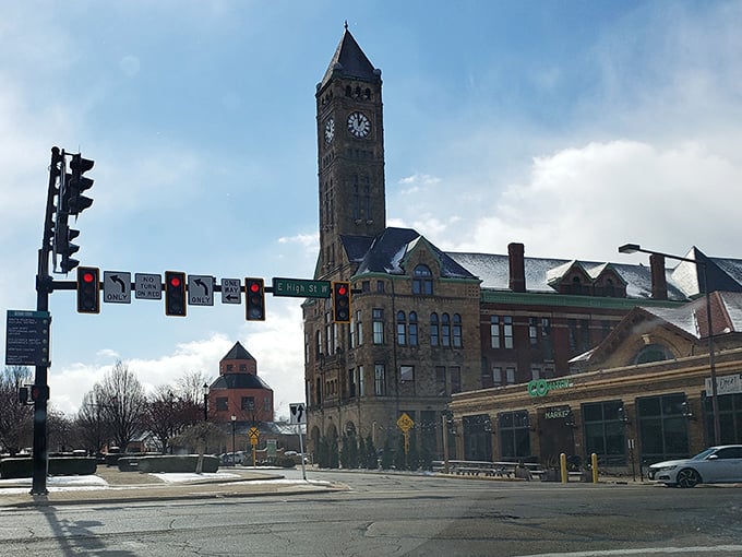Springfield's clock tower stands tall against a brilliant blue sky, in a town where time moves slowly but your savings grow quickly.