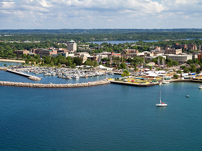 Traverse City's waterfront sparkles under the Michigan sun. The kind of view that makes you consider selling your house and moving here "just because."
