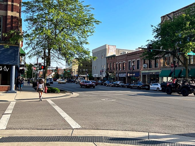 Sunset bathes Findlay's main street in golden light, highlighting a downtown where nearby homes sell for prices that feel like a throwback.
