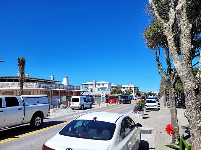 Seaside's pedestrian-friendly design creates spaces where people, not cars, take center stage—a beachside utopia of white buildings and blue skies.