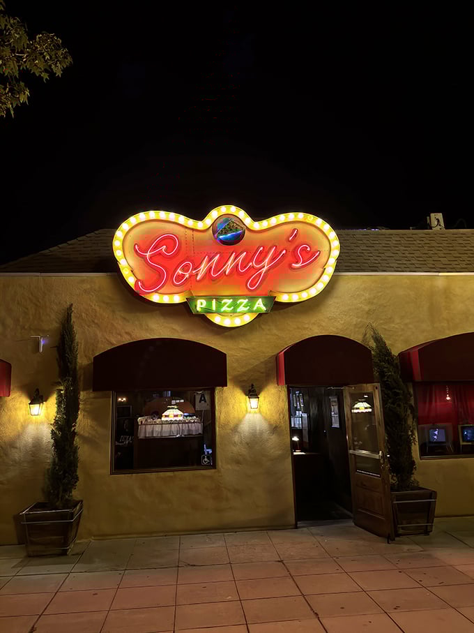 Mediterranean charm meets San Diego cool at Sonny's. Those arched windows frame a serious pizza operation inside.