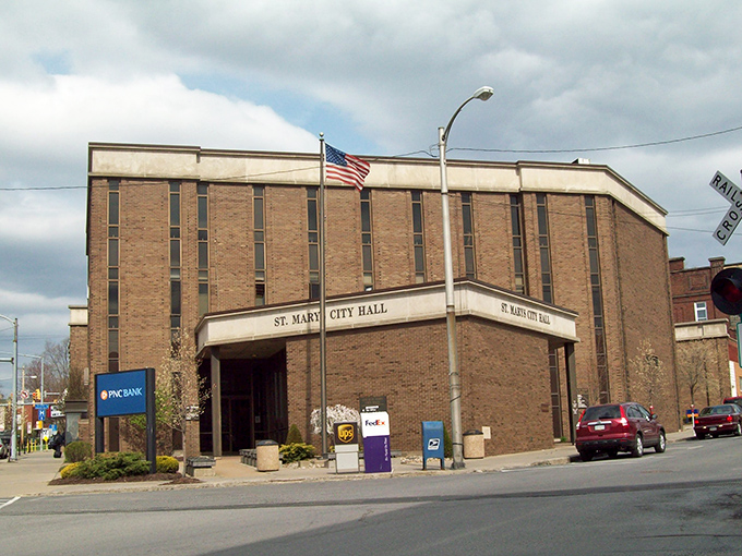 The impressive brick facade of St. Marys' historic buildings tells stories of ambition and community pride.