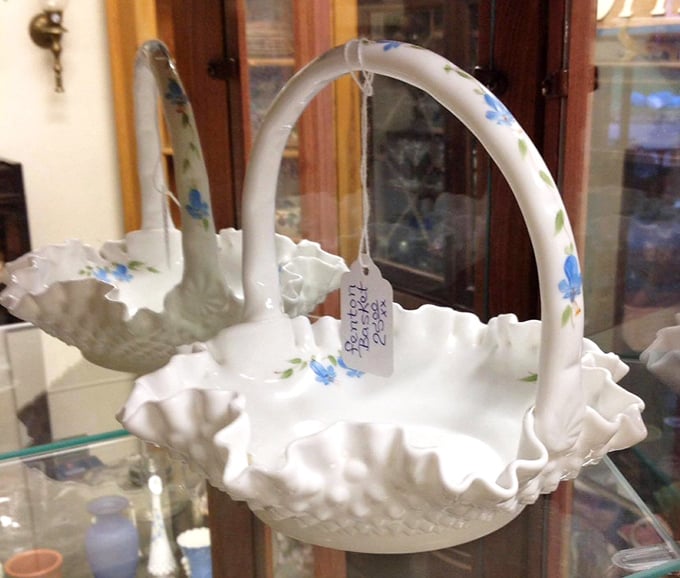 These 1950s Fenton baskets capture the optimism of post-war America when colorful glass brightened every well-appointed home.