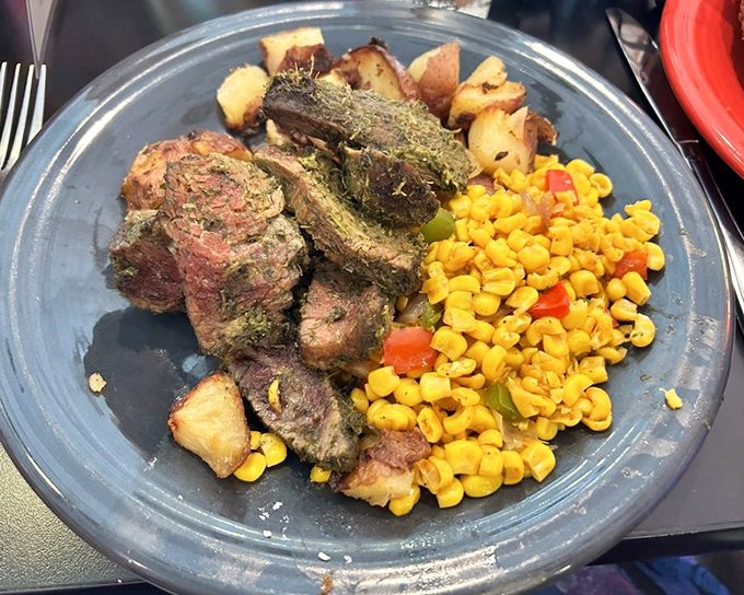 Perfectly cooked steak with potatoes and corn—proof that Scotty's excels beyond breakfast and sandwiches. Hearty, satisfying, and beautifully plated.