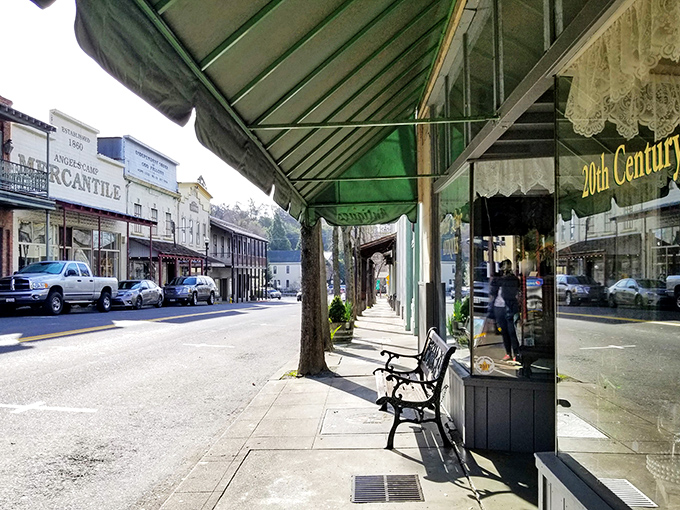 Covered sidewalks offer shade for window shoppers, a thoughtful 19th-century design feature that still makes perfect sense on scorching summer days.