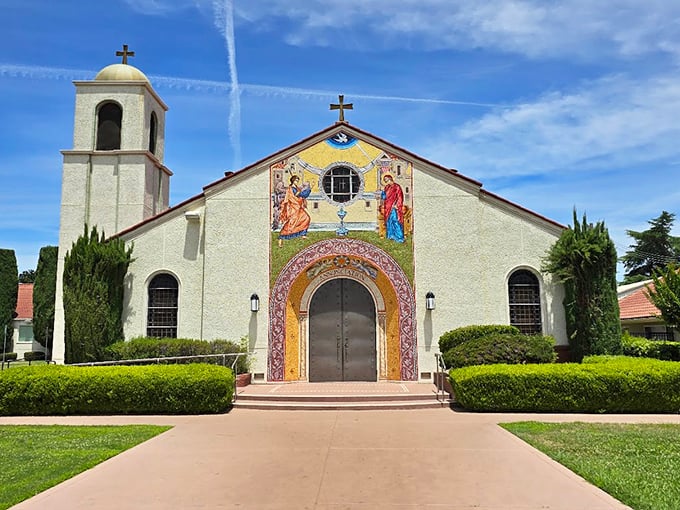 The Annunciation Greek Orthodox Church stands as a spiritual landmark with its beautiful mosaic façade—a Mediterranean touch in California's agricultural heartland.