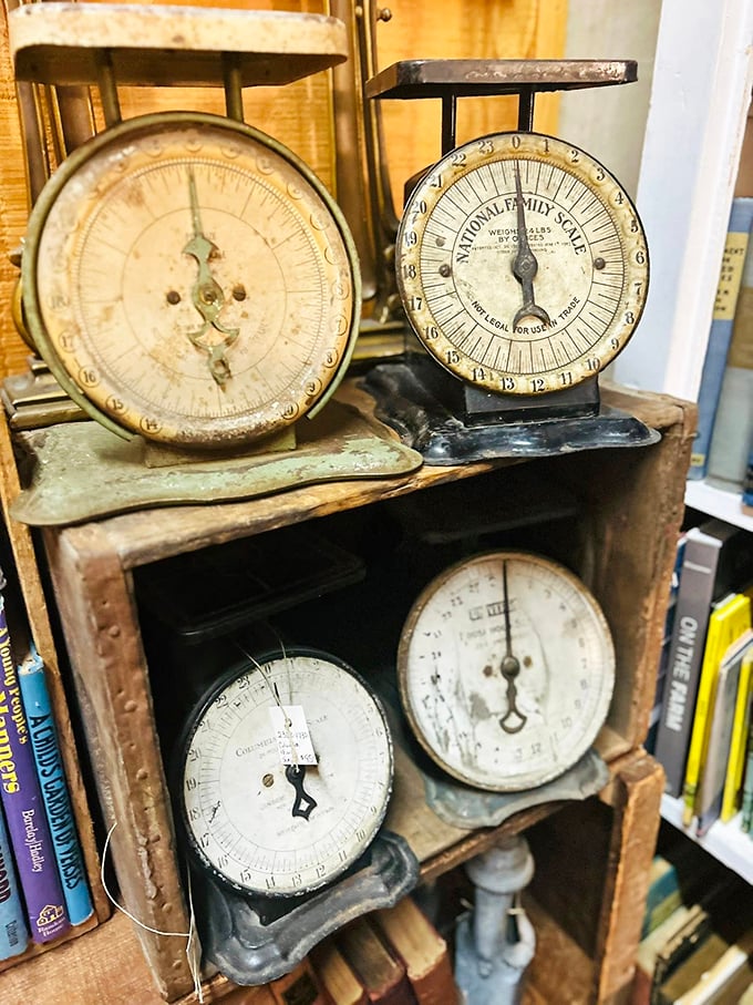 Vintage scales that weighed groceries back when a dollar could actually buy something besides a sad gumball.