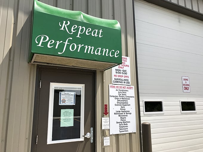 Even the back entrance maintains the brand's signature green—a no-nonsense approach to secondhand shopping that locals appreciate.